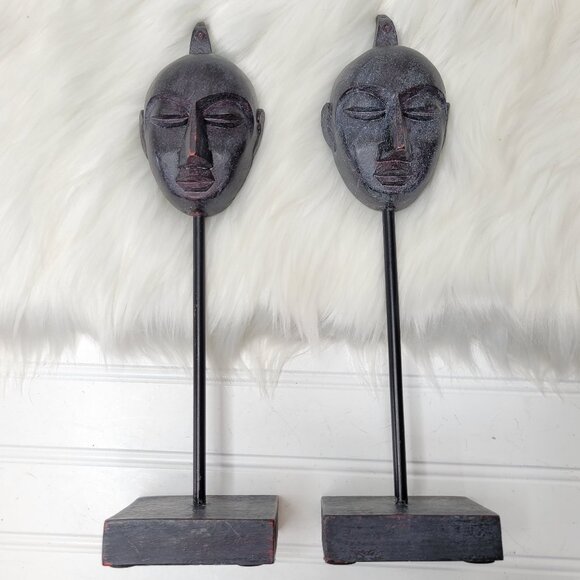 Accents | 2 Vintage African Carved Face Head Sculpture Tribal 12 ...